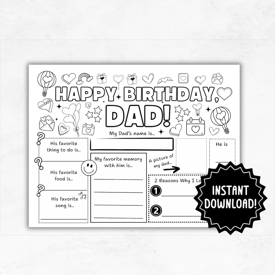 Happy Birthday Dad Coloring Page: Activity Placemat Card (PDF) - Etsy
