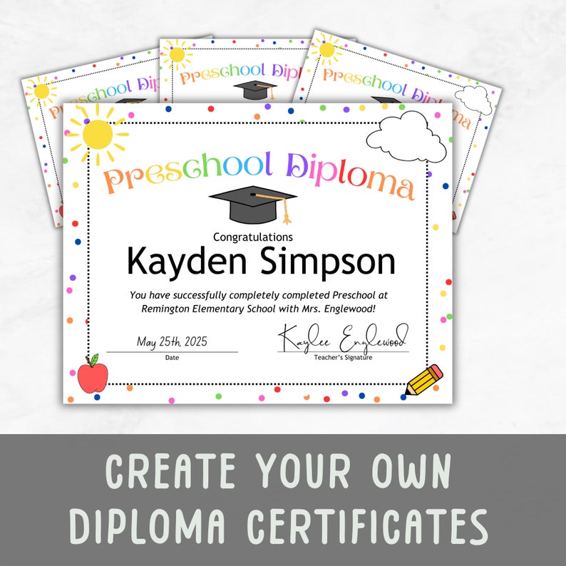Preschool Graduation Certificate Template | Editable Preschool Diploma ...