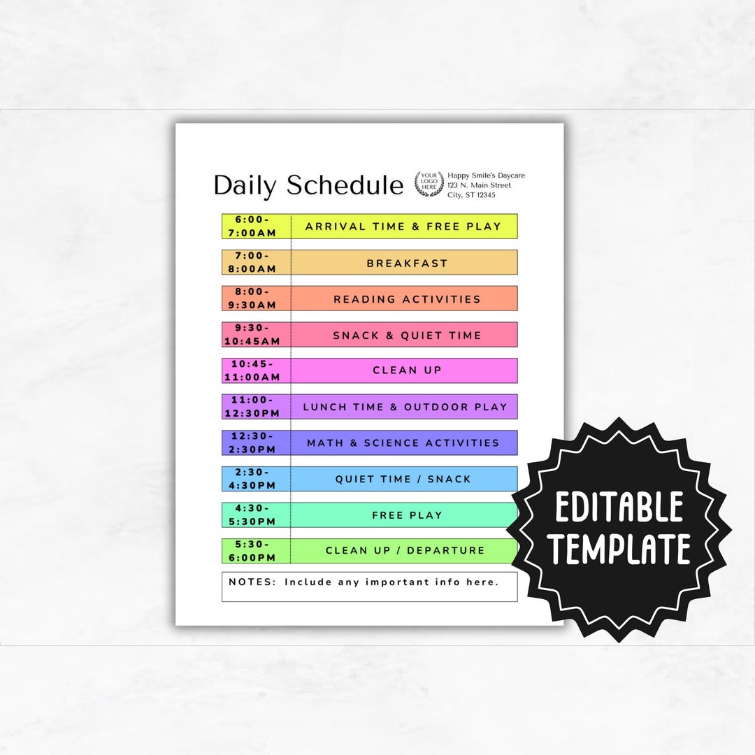 Kids Daily Schedule Template | Editable Daily Routine for Kids ...
