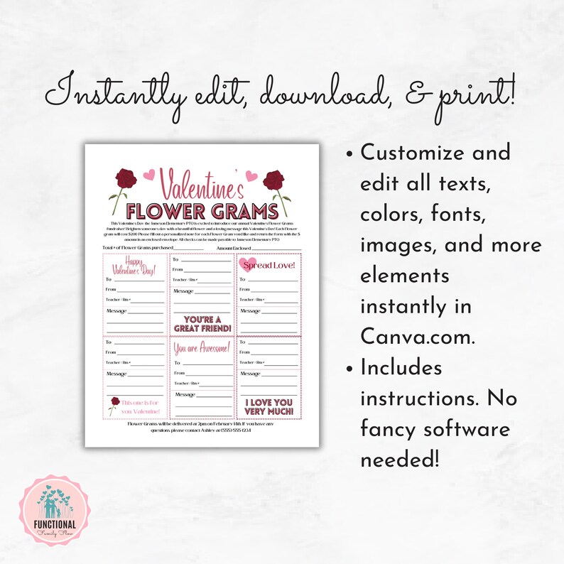 Valentines Flower Gram Flyer Template | Editable PTO Valentine's Day ...