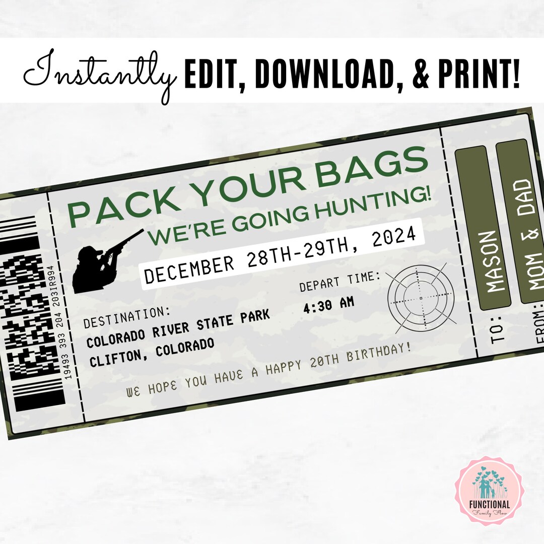 Hunting Trip Ticket Template Editable Gift Voucher Certificate Custom ...