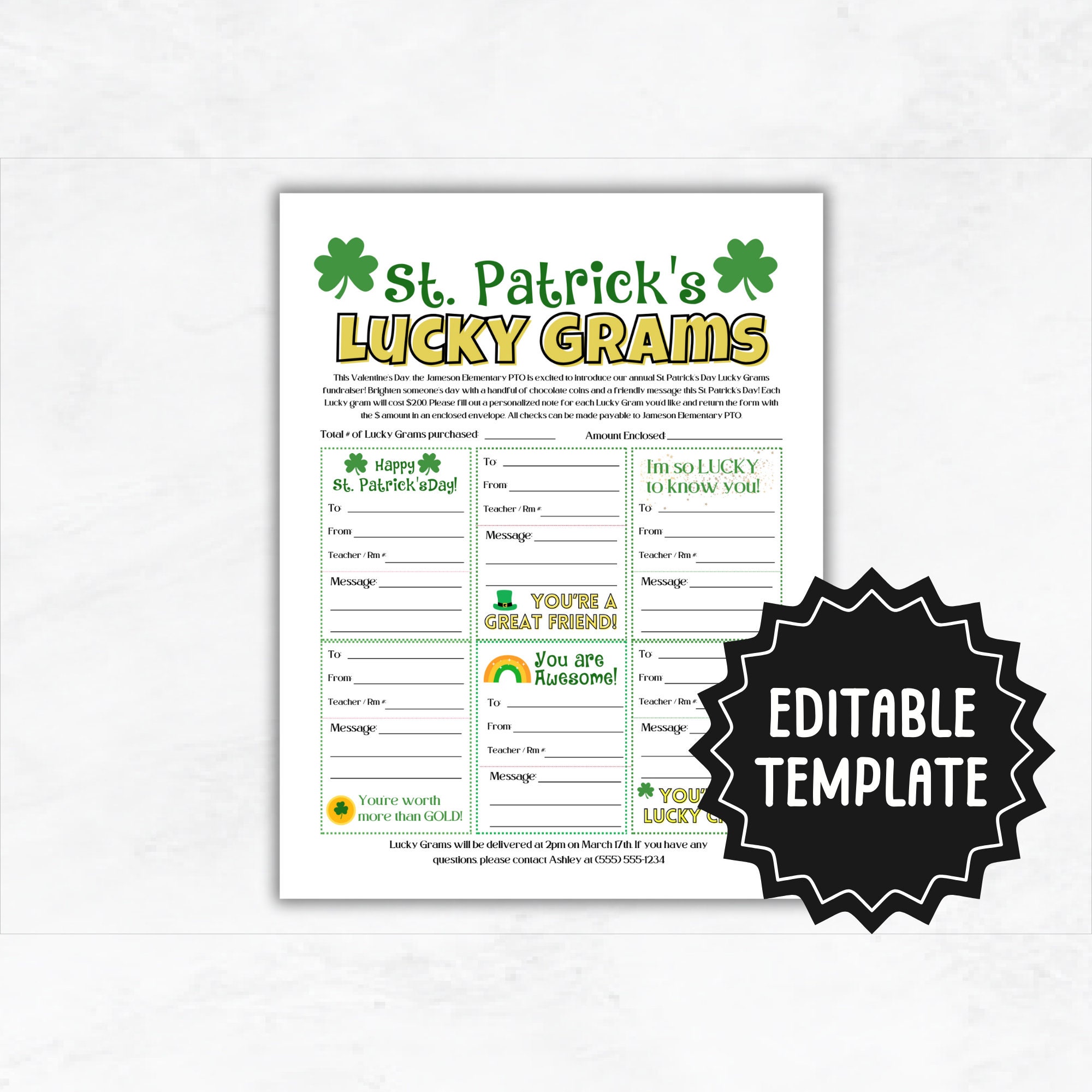 St. Patrick's Day Candy Gram Flyer Template | Editable St Patricks ...