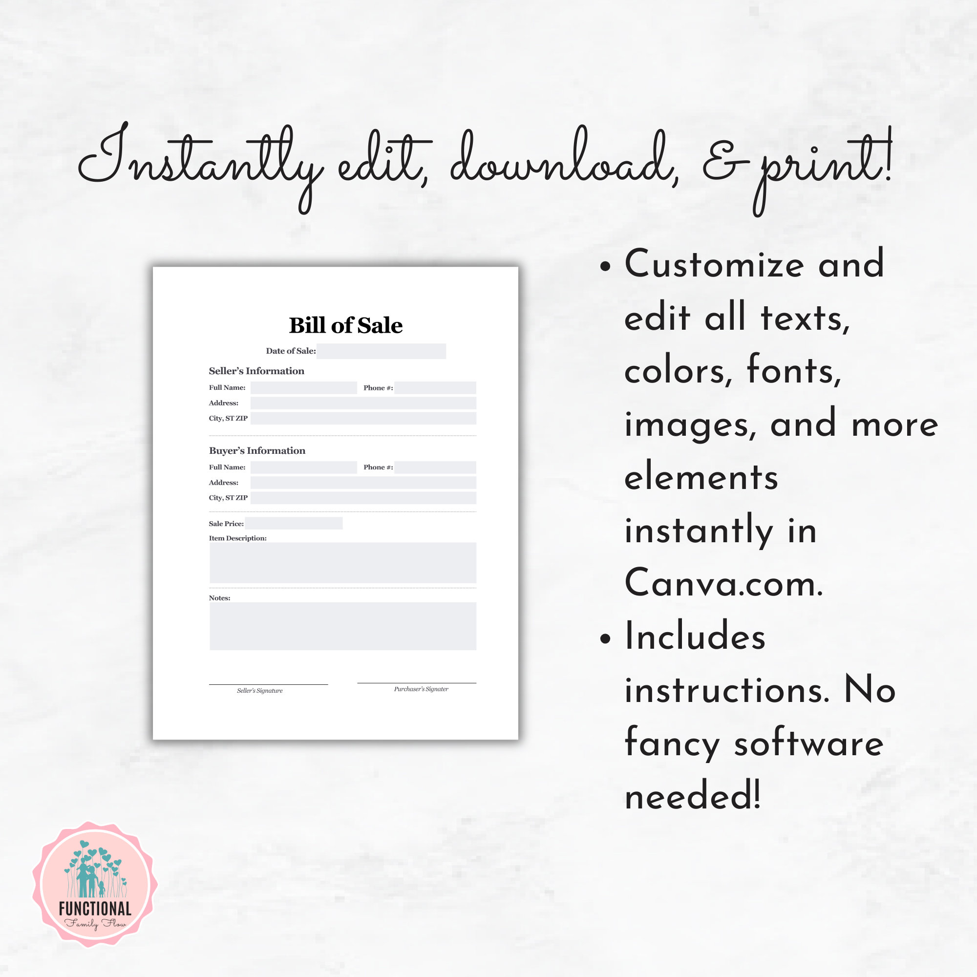 Bill of Sale | Printable Bill of Sale Form | Fillable Sale Receipt ...