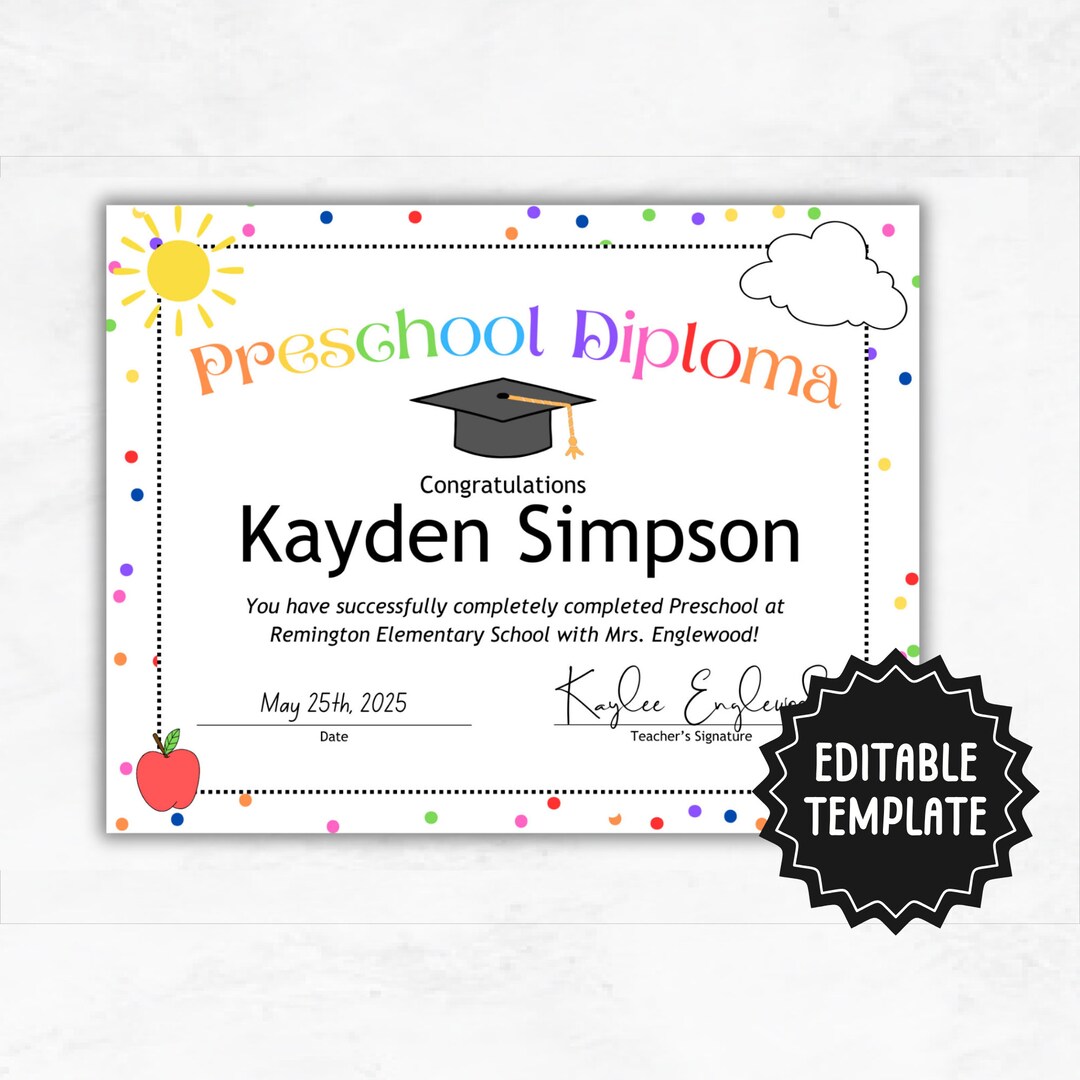 Preschool Graduation Certificate Template | Editable Preschool Diploma ...
