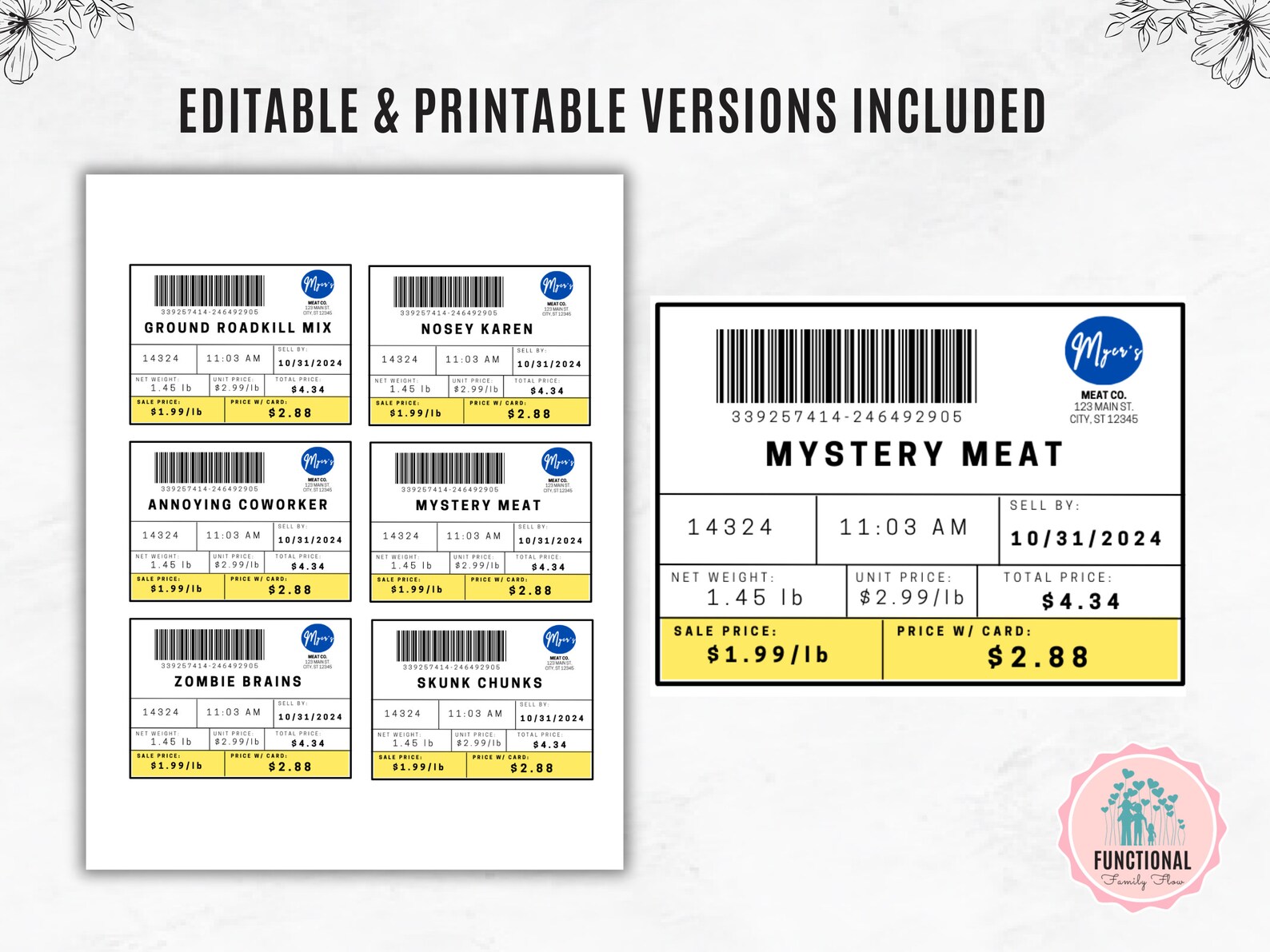 Fake Meat Label Template | Editable Road Kill Butcher Labels | Funny ...