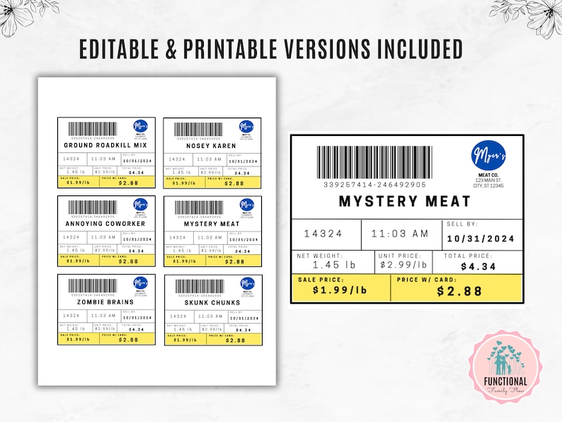 Fake Meat Label Template | Editable Road Kill Butcher Labels | Funny ...