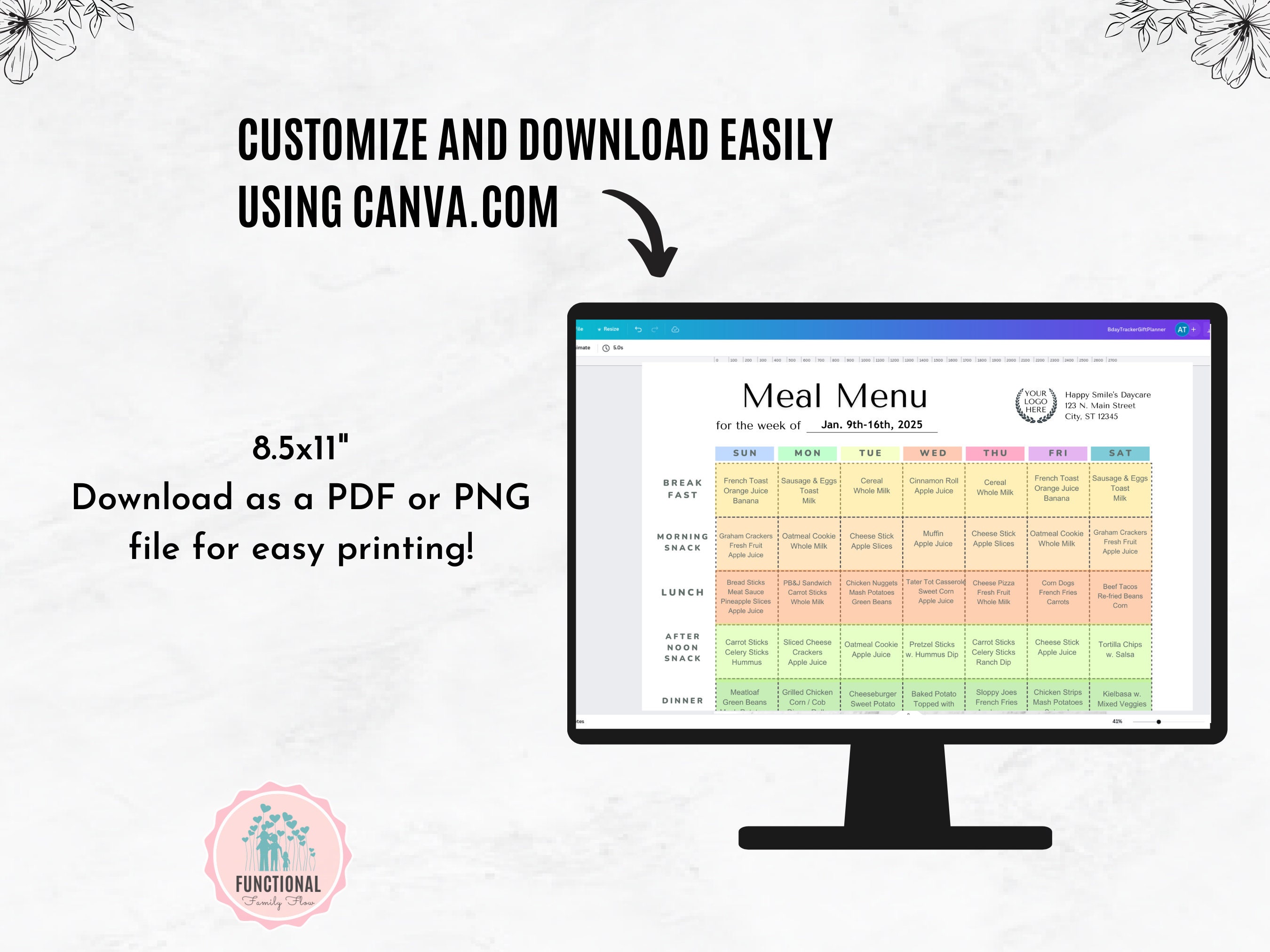 Daycare Weekly Menu Template | Editable Home Daycare Daily Schedule ...