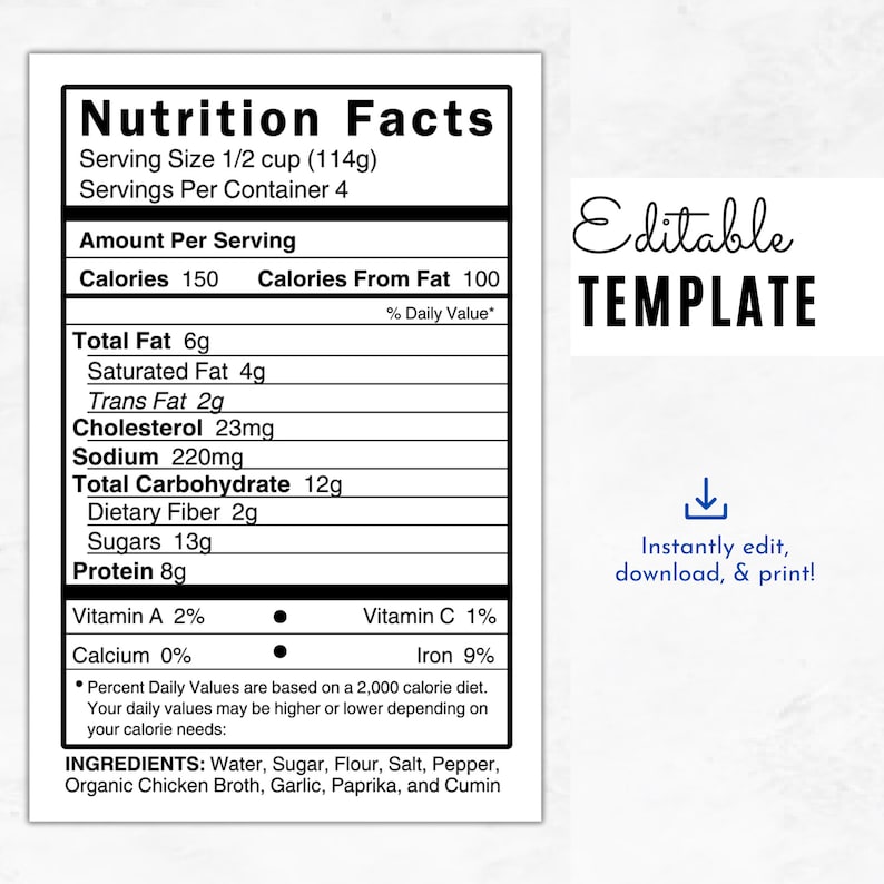 Nutrition Facts Editable Nutrition Label Nutritional SVG - Etsy