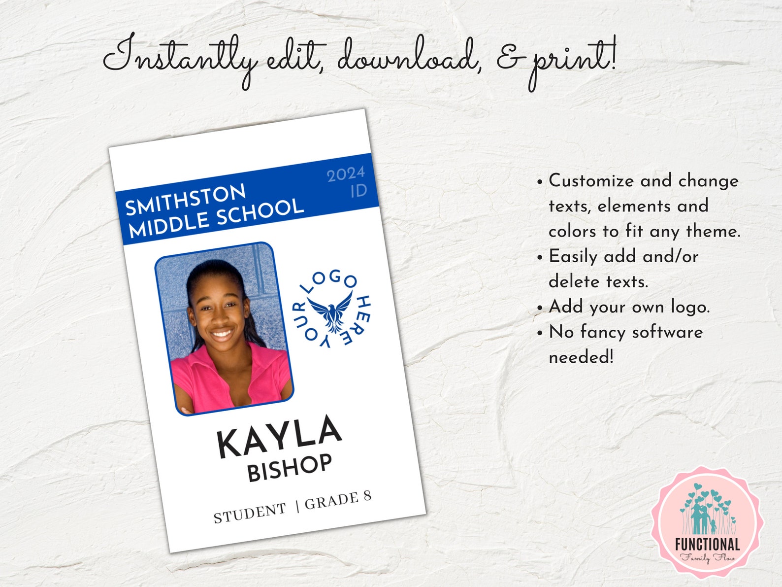 ID Card Template Custom ID Badge Printable Student ID Card - Etsy