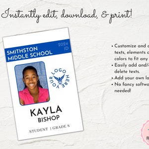 ID Card Template | Custom ID Badge | Printable Student ID Card | Name ...
