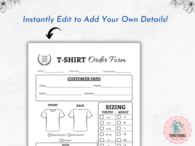 Editable T-shirt Order Form Tshirt Order Template Custom T - Etsy