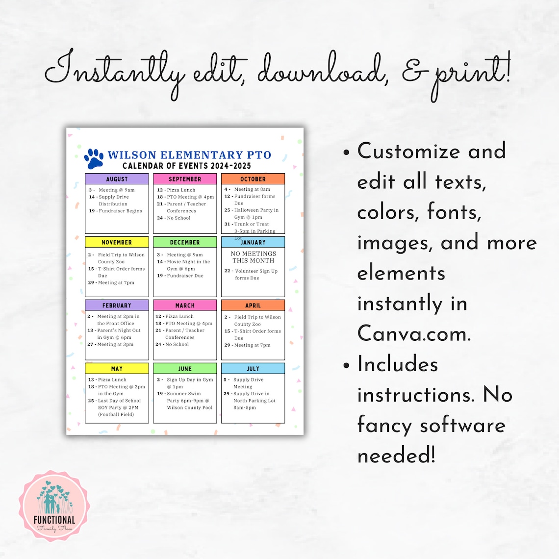PTO Yearly Calendar Template | Editable PTA Calendar of Events ...