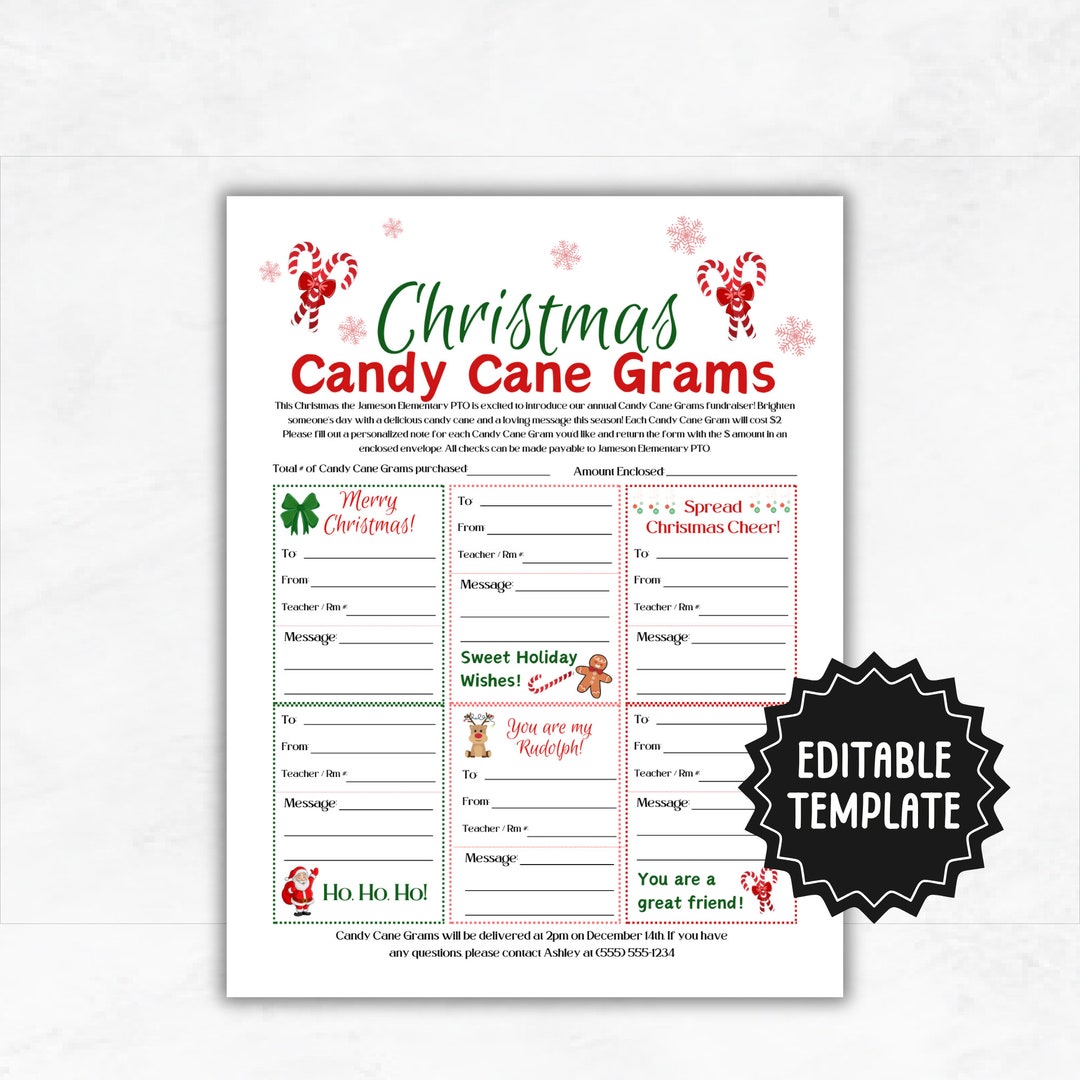 Candy Cane Gram Flyer Template | Editable Christmas Candy Cane ...