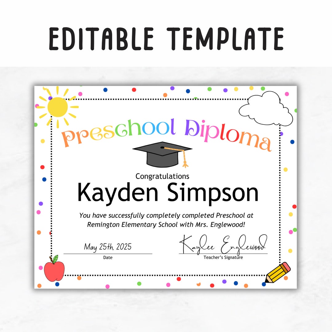 Preschool Graduation Certificate Template Editable Preschool Diploma ...
