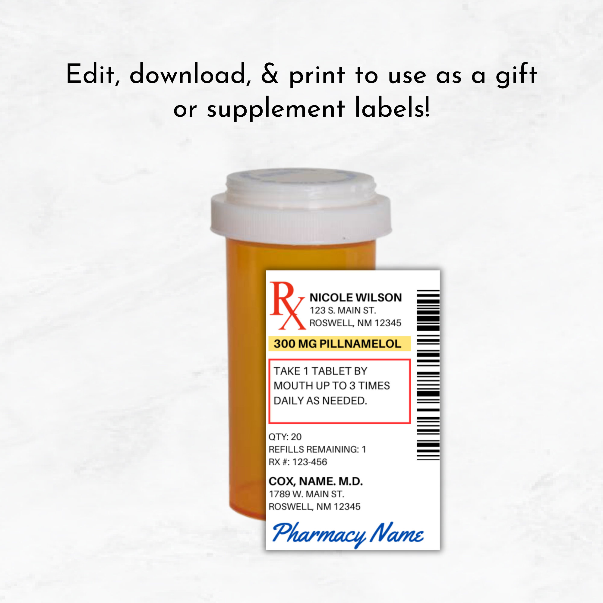 Novelty Prescription Labels Template | Editable RX Bottle Label | Fun ...