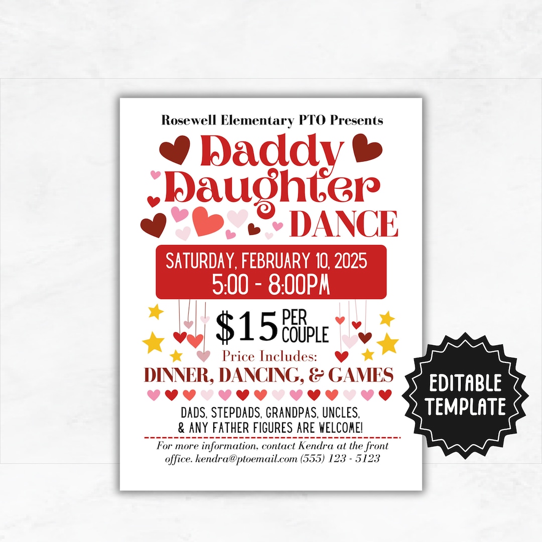 Daddy Daughter Dance Flyer Template | Editable School Dance Fundraiser ...