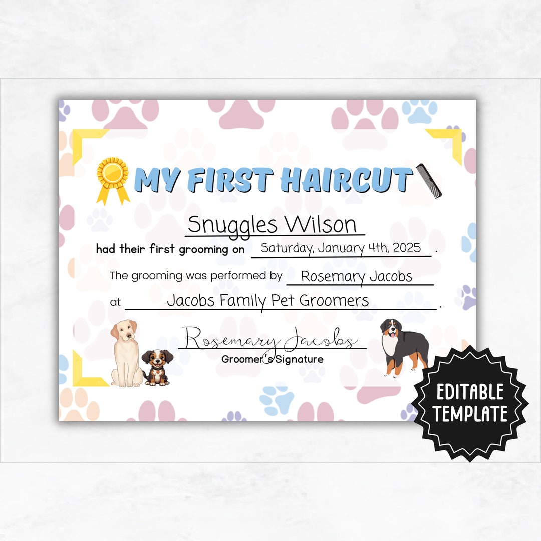 Dog Grooming First Haircut Certificate | Printable Pet Groomer Hair Cut ...