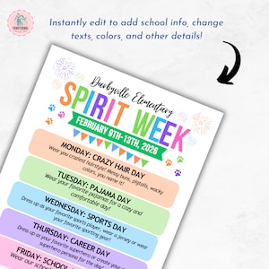 School Spirit Week Flyer Template | Editable Spirit Week Itinerary ...