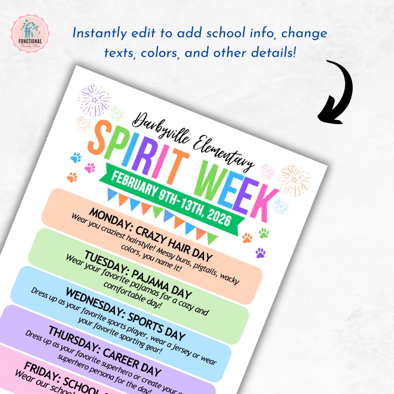 School Spirit Week Flyer Template | Editable Spirit Week Itinerary ...