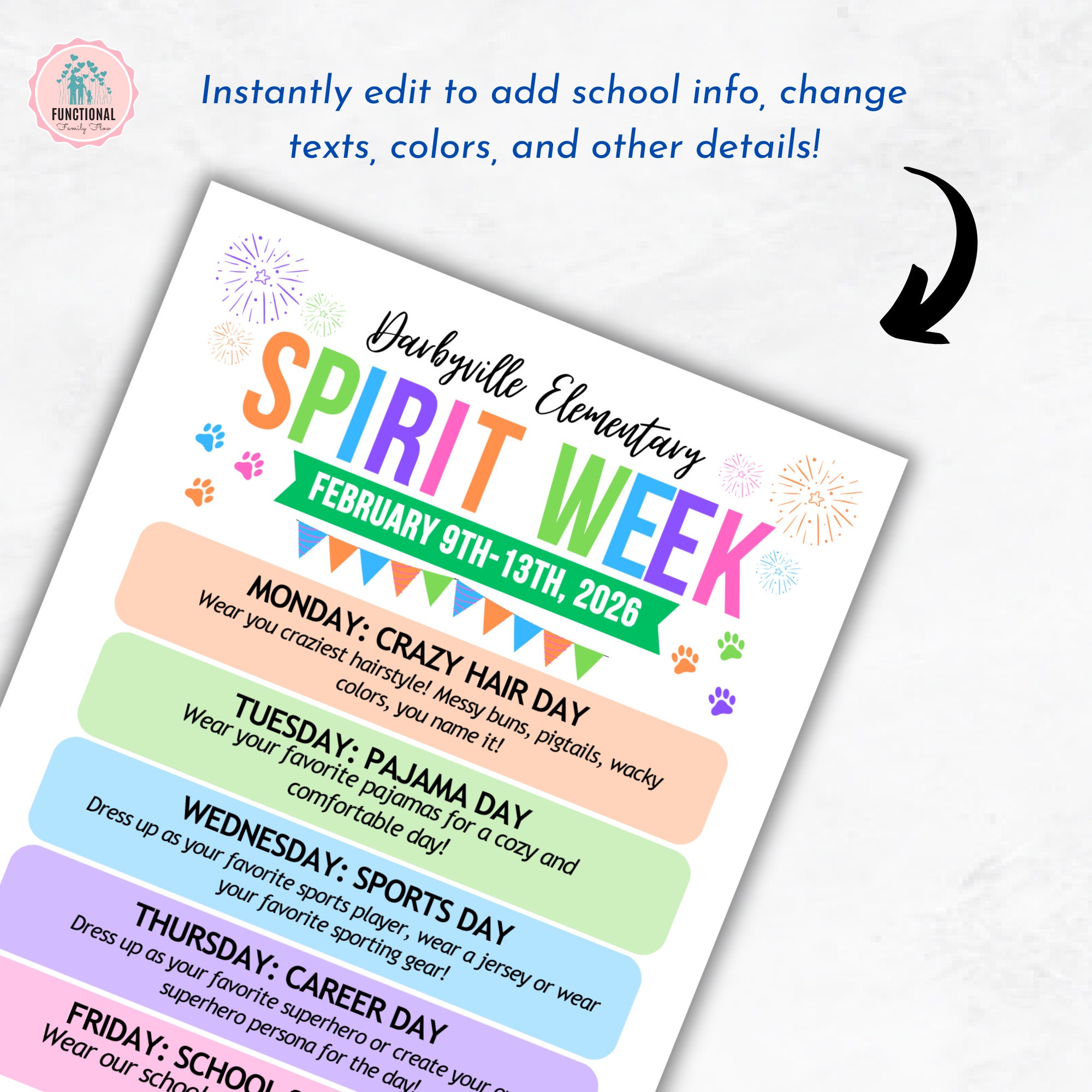 School Spirit Week Flyer Template | Editable Spirit Week Itinerary ...
