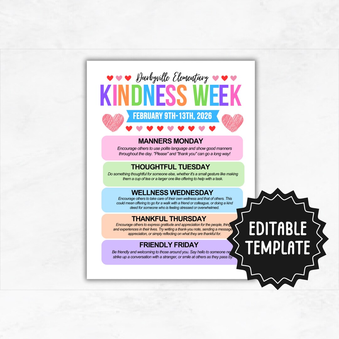 Kindness Week Flyer Template | Editable Kindness Week Itinerary Handout ...