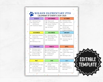 EDITABLE PTO Yearly Calendar of Events | PTO Calendar of School Events ...