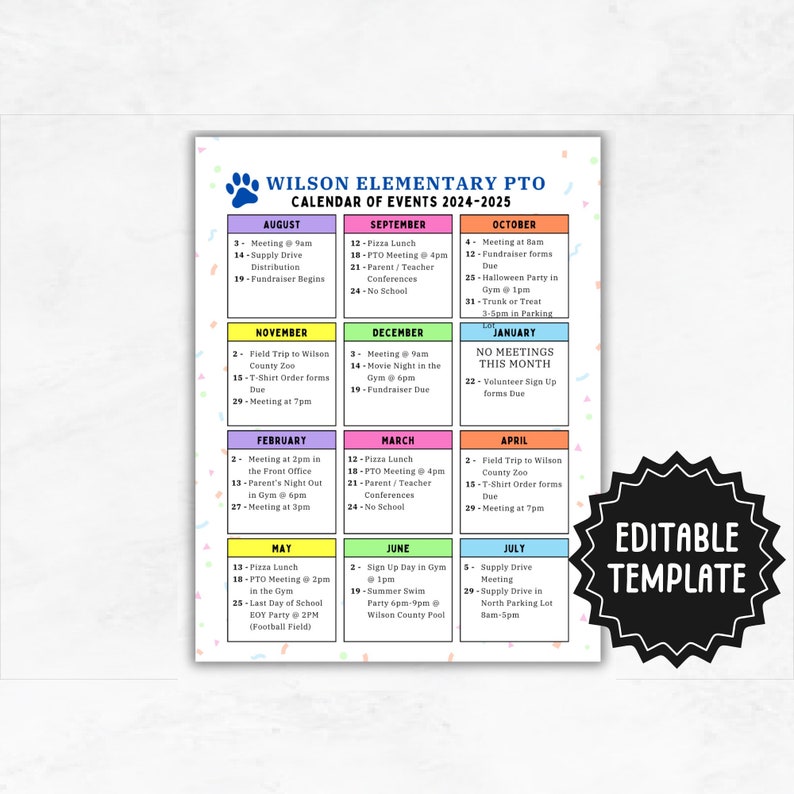 PTO Yearly Calendar Template | Editable PTA Calendar of Events ...