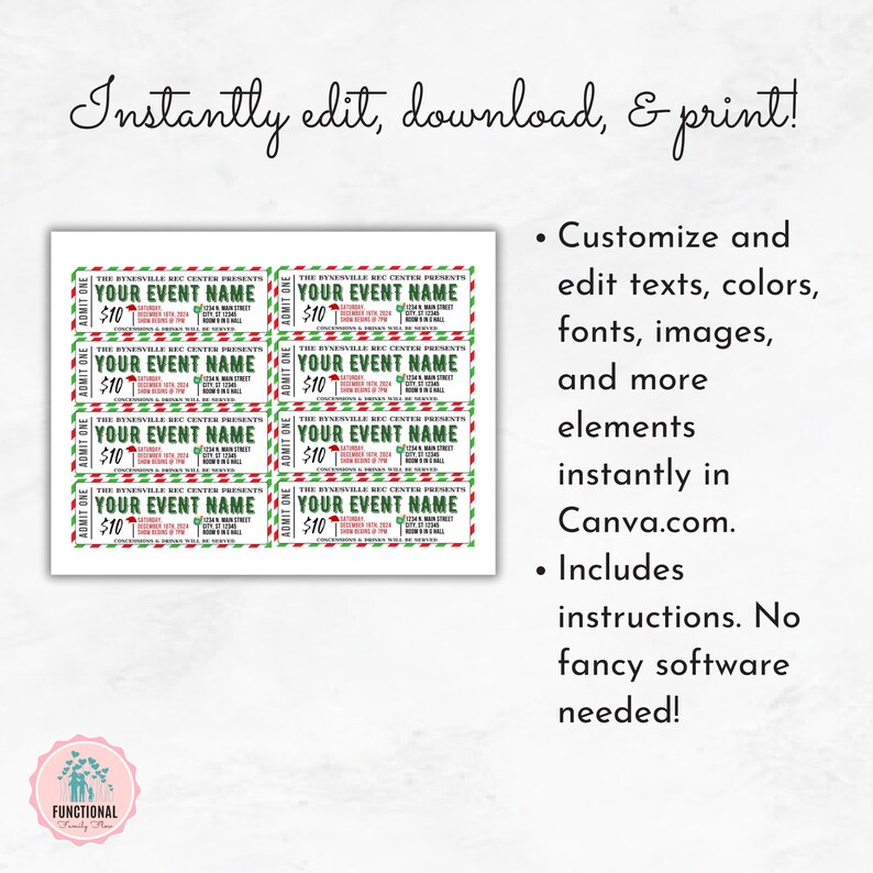 Christmas Event Ticket Template | Editable Holiday Even Ticket ...