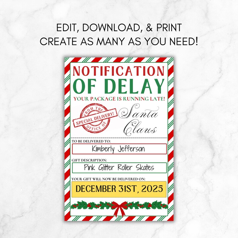 Notification of Delay Christmas Gift Letter | Editable Late Christmas ...