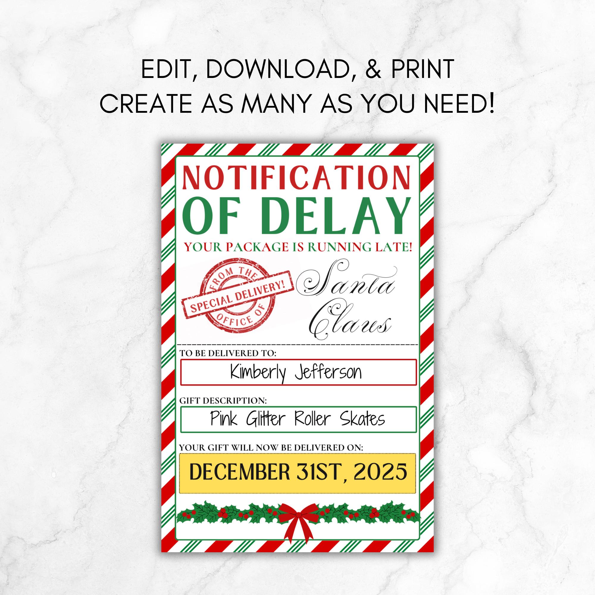 Notification of Delay Christmas Gift Letter | Editable Late Christmas ...