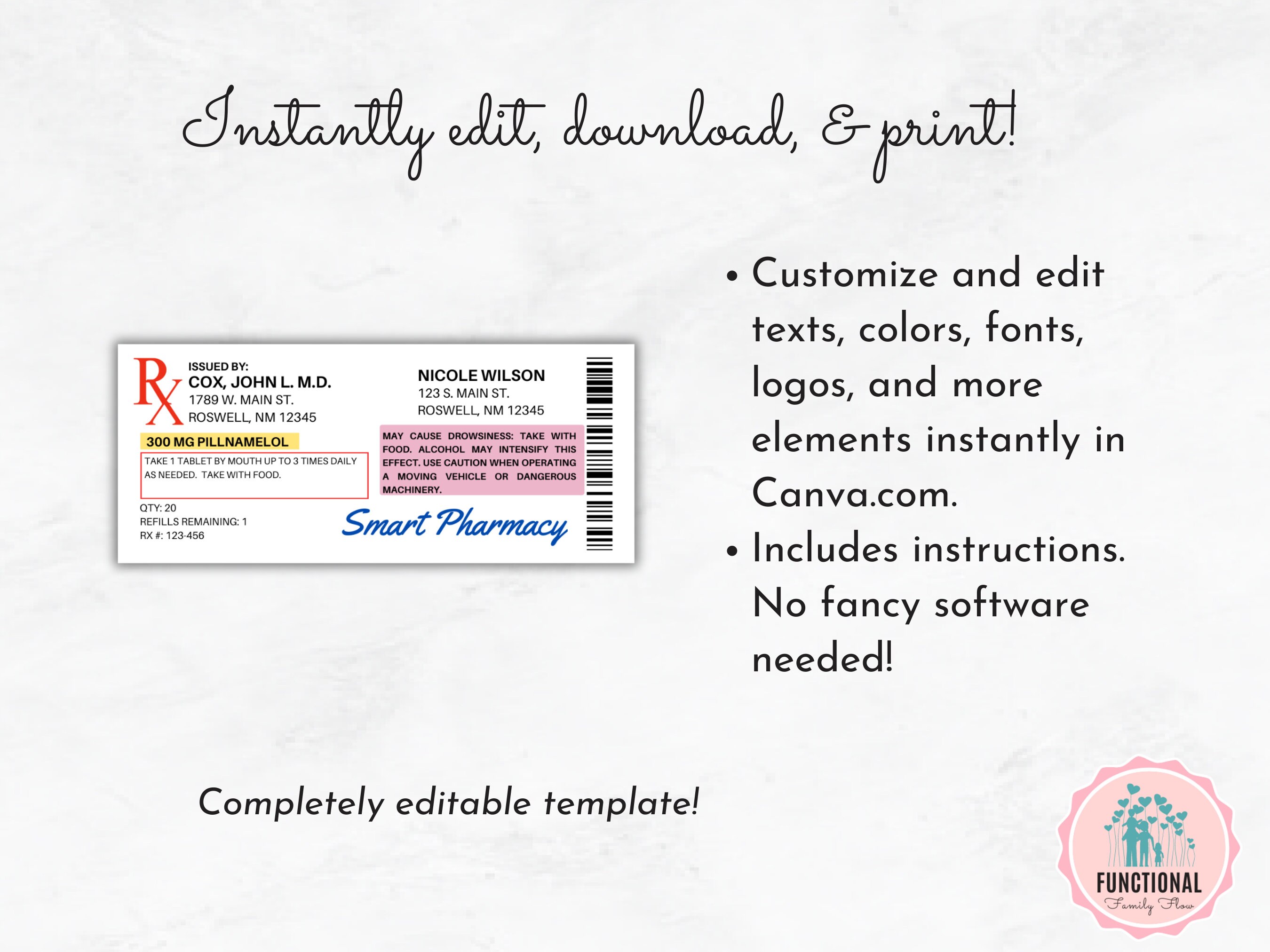Prescription Label Template Editable Horizontal RX Bottle - Etsy Canada