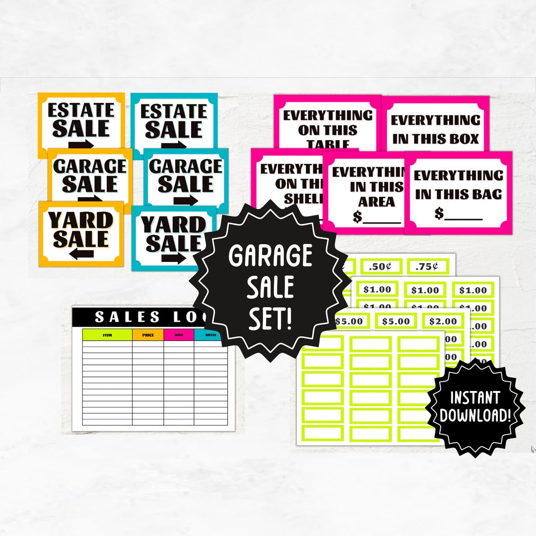 Garage Sale Kit | Printable Yard Sale Signs, Pricing Labels, Purchase ...
