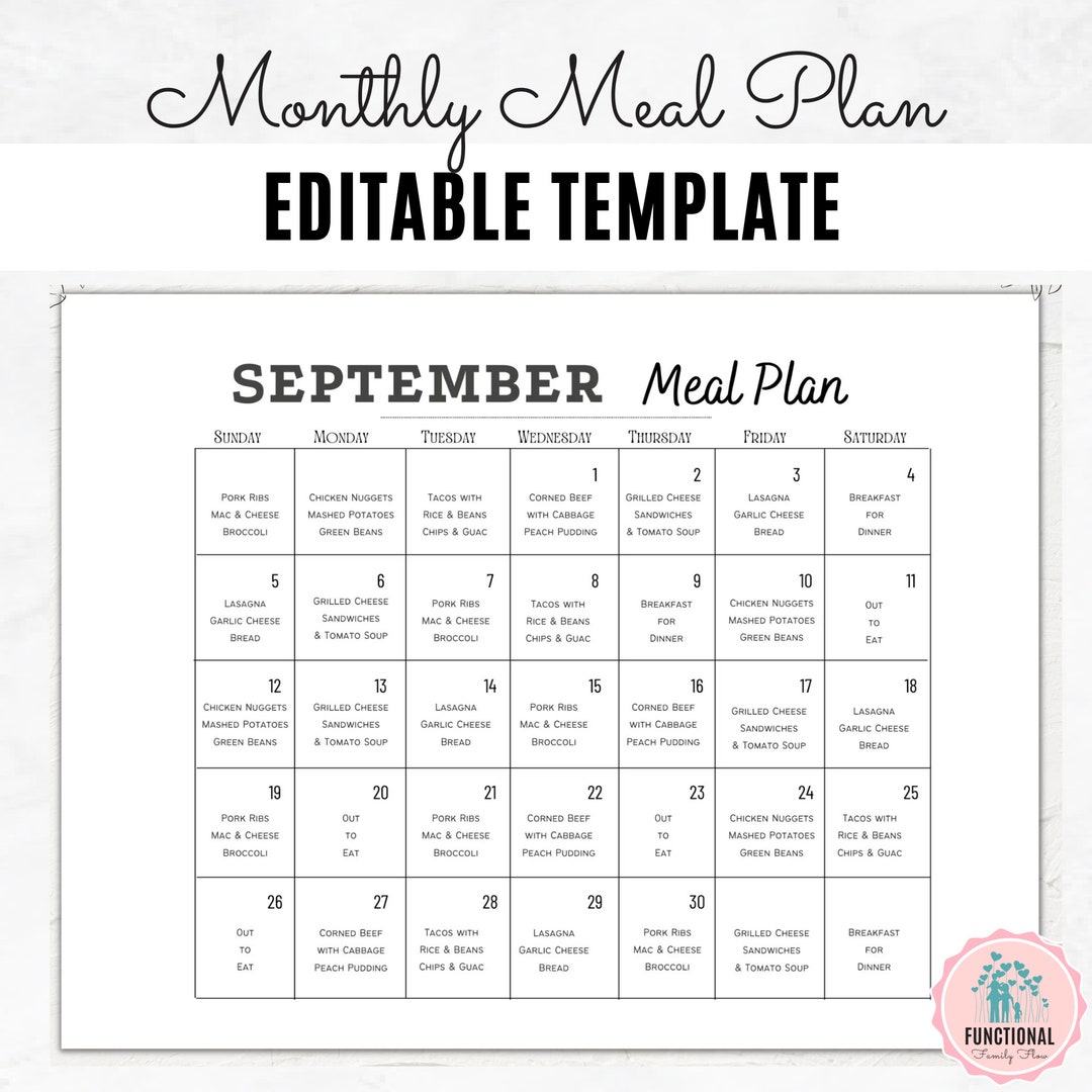 Monthly Meal Planner Template Editable Monthly Menu DIY Meal Plan ...