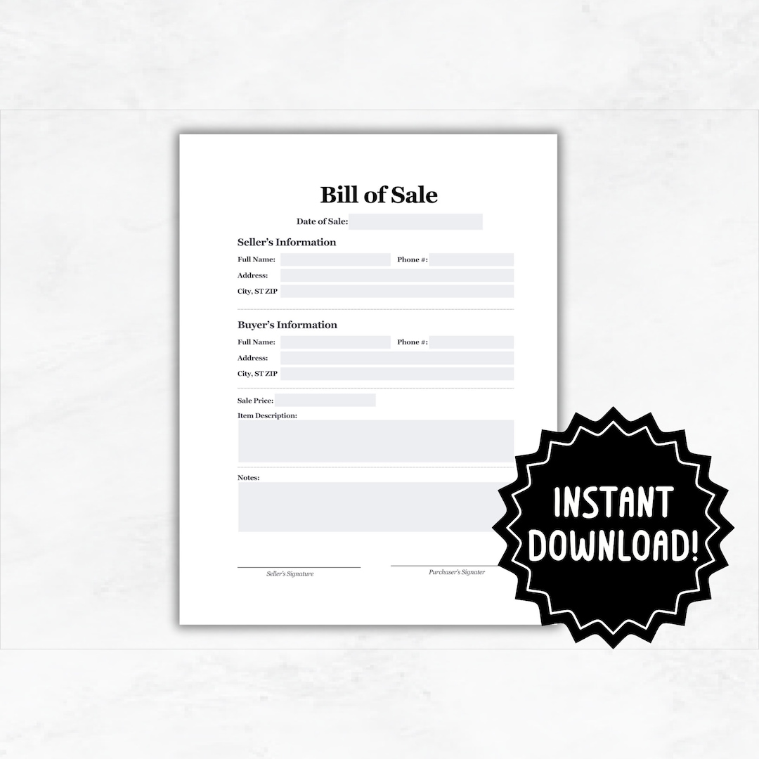 Bill of Sale | Printable Bill of Sale Form | Fillable Sale Receipt ...