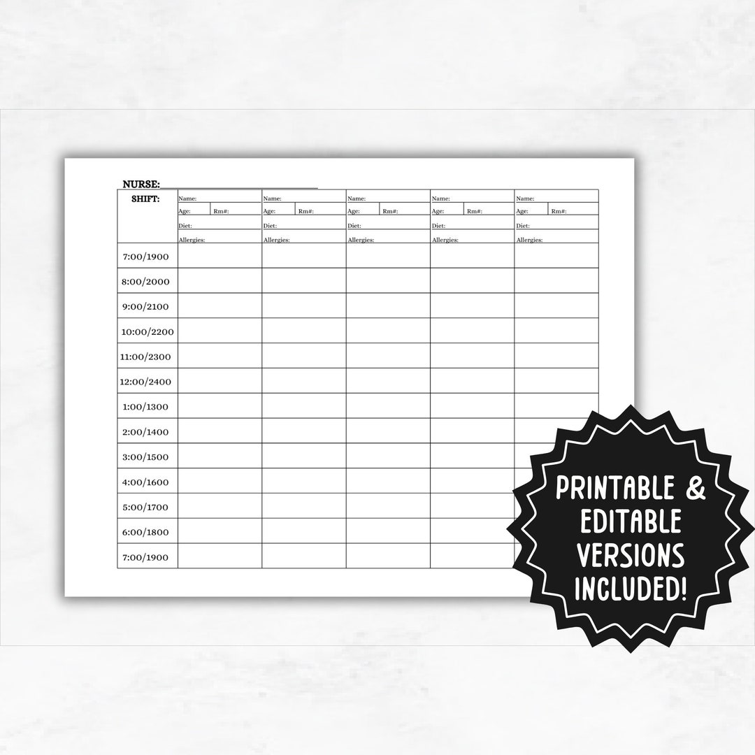 Nurse Hourly to Do Template | Printable Nurse Shift Planner | 5 Patient ...