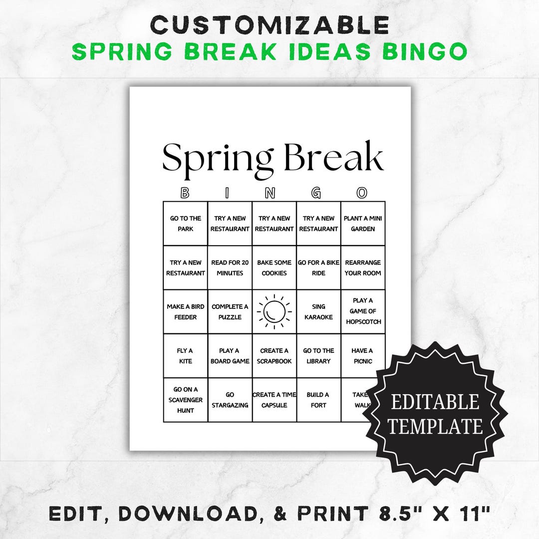 Spring Break Bingo Game Template | Editable Fun Kids Bucket List ...