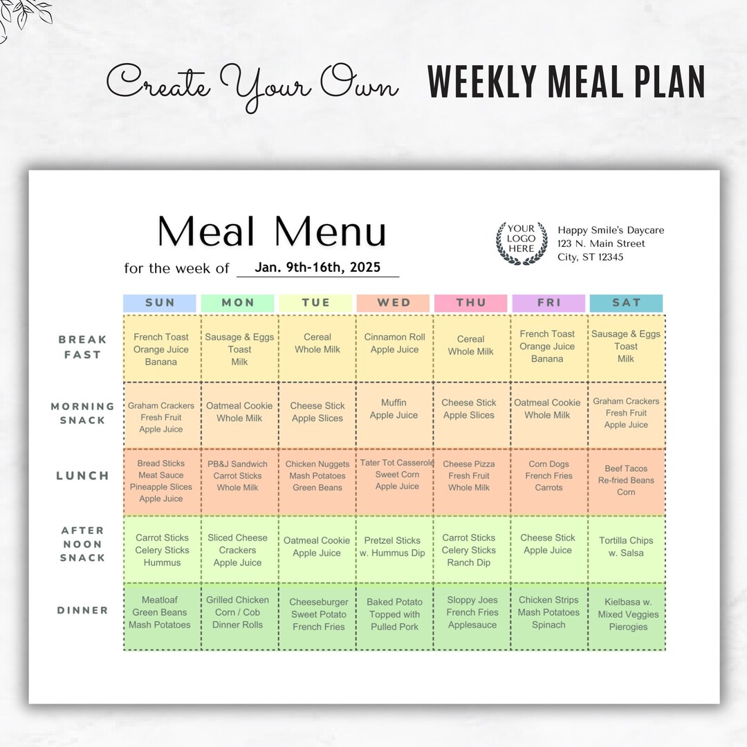 Daycare Weekly Menu Template Editable Home Daycare Daily Schedule ...