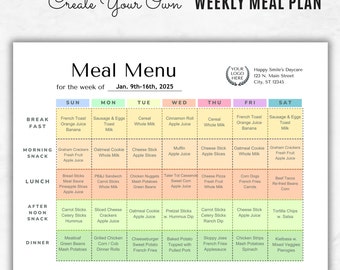 Daycare Weekly Menu Template for Daycares Meal Menu Template - Etsy