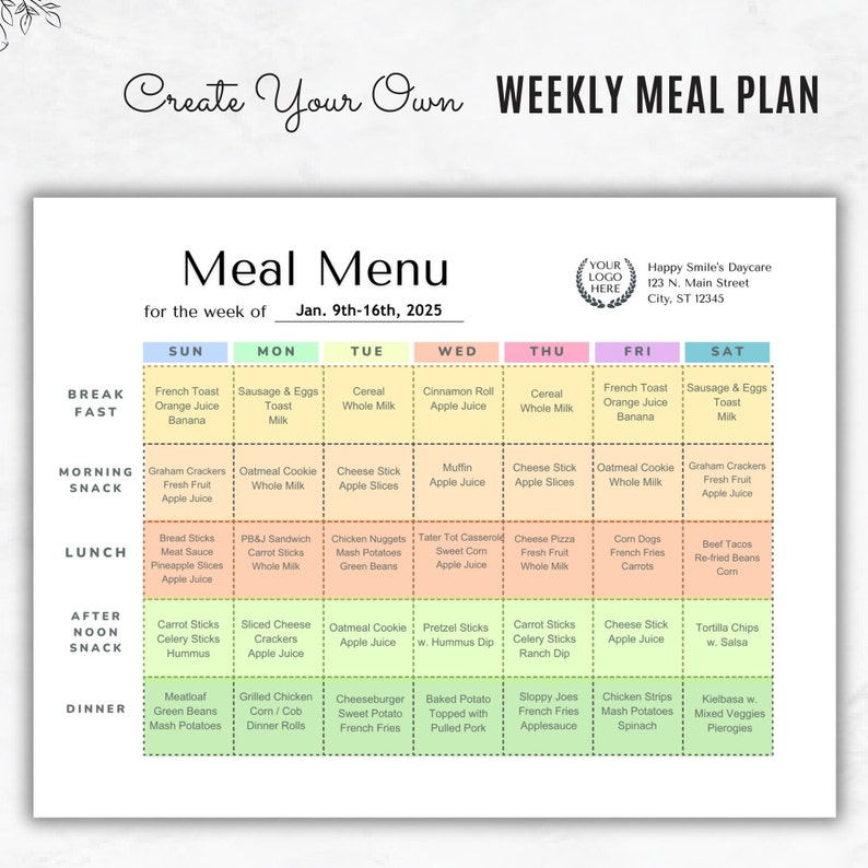 Daycare Weekly Menu Template Editable Home Daycare Daily - Etsy