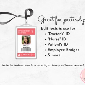 Kids Doctor ID Name Badge Template | Editable Doctor Badge | Nurse Name ...