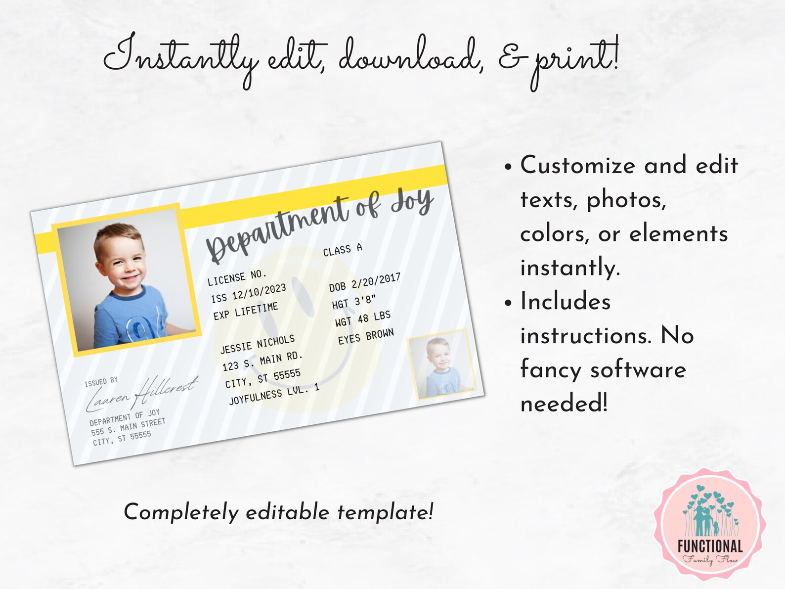 Custom Fun Kid's License | Editable License Template | Front and Back ...