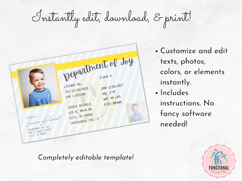 Custom Fun Kid's License | Editable License Template | Front and Back ...