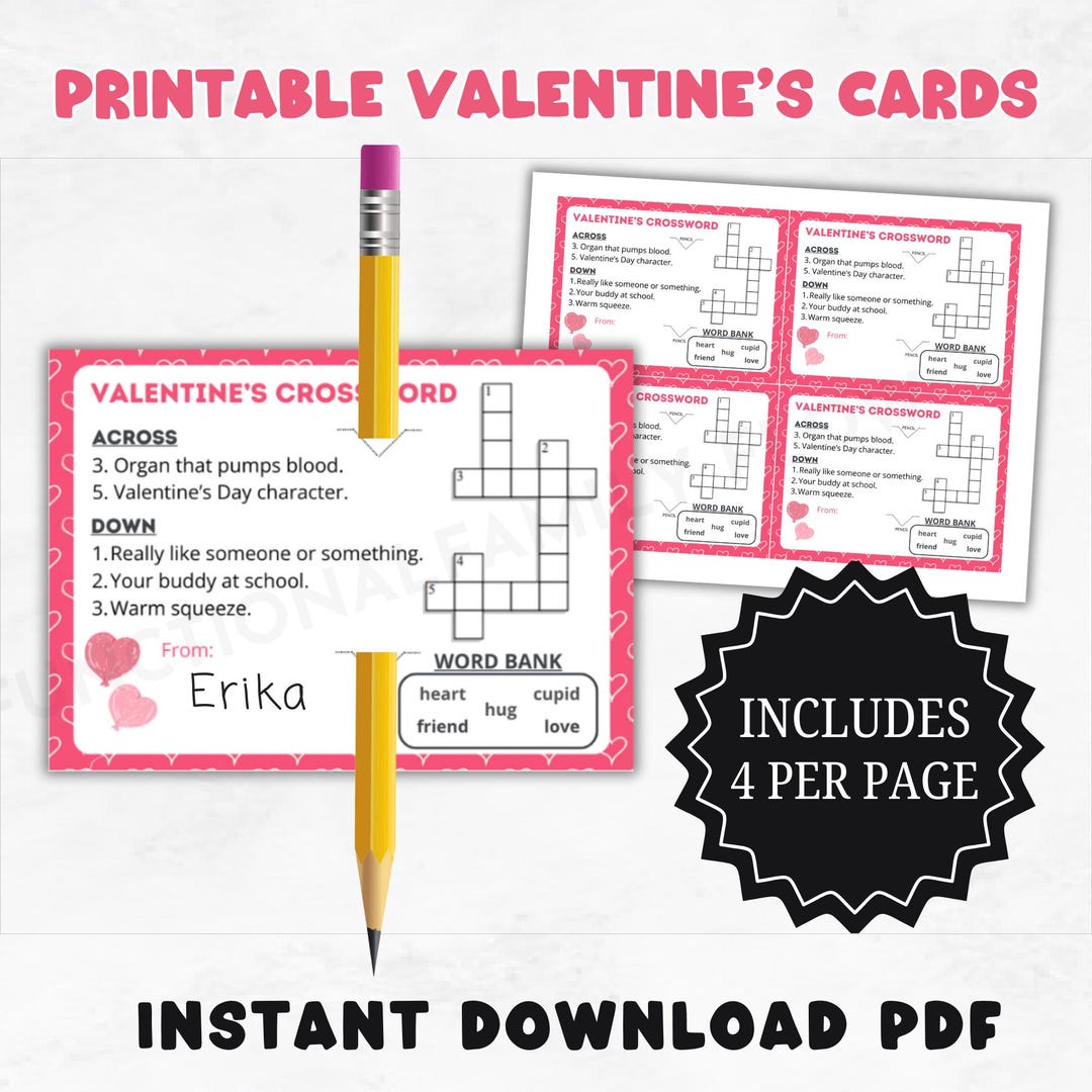 Pencil Valentine's Crosswords | Printable Valentines Cards | Classroom ...