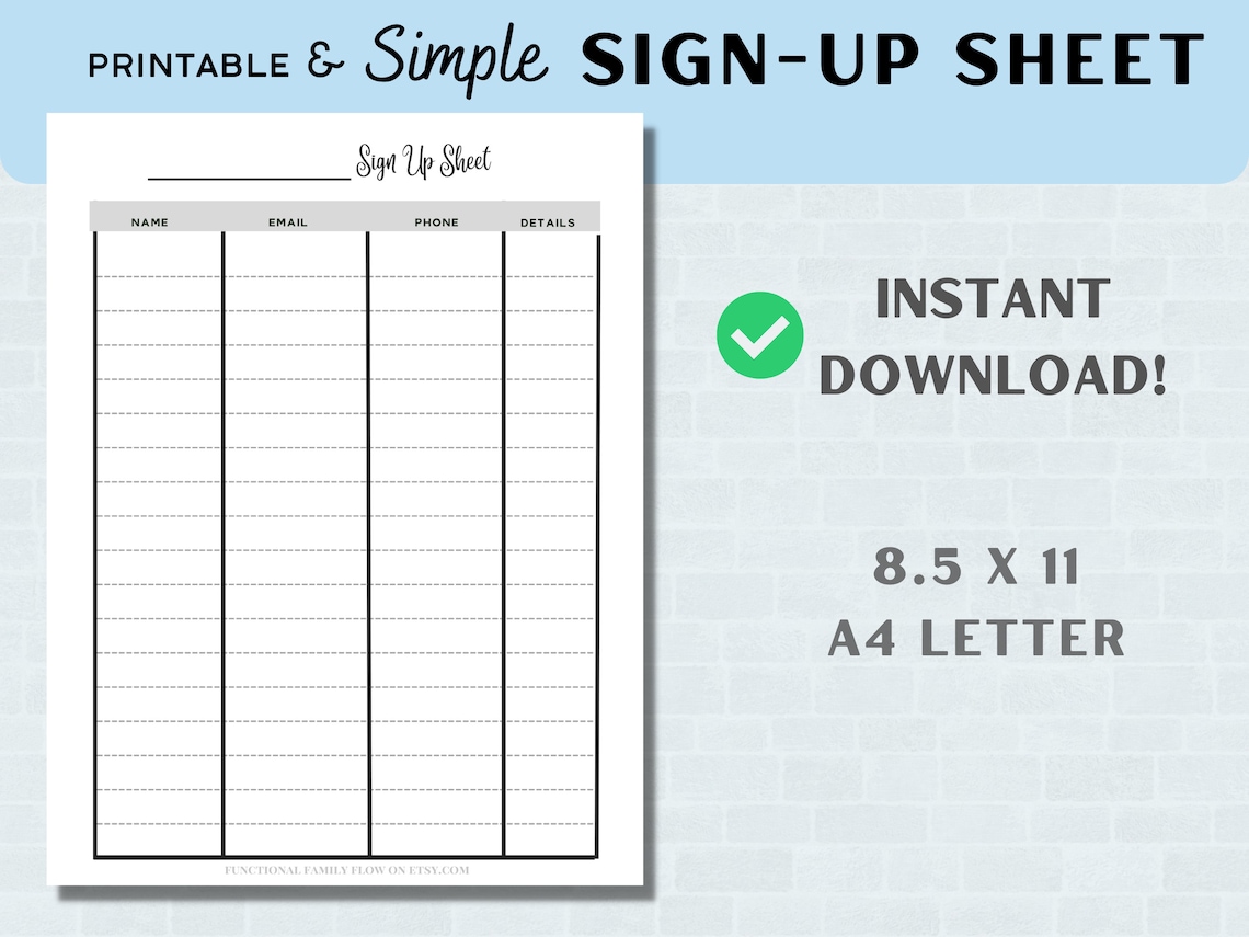 Printable Sign up Sheet PDF Sign up Template Contact Sheet - Etsy