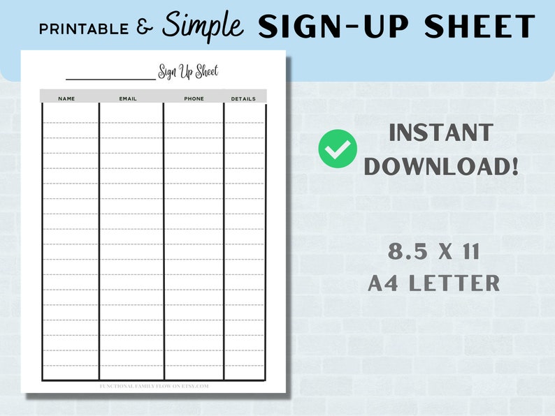 Printable Sign up Sheet PDF Sign up Template Contact Sheet - Etsy