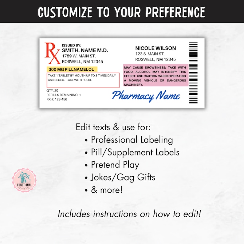Prescription Label Template | Editable Horizontal RX Bottle Label ...