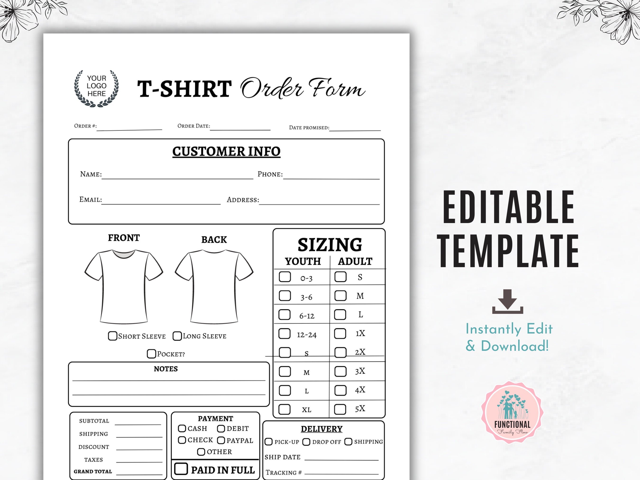 Editable T-shirt Order Form Tshirt Order Template Custom T - Etsy