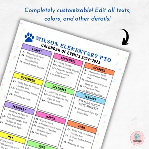 PTO Yearly Calendar Template | Editable PTA Calendar of Events ...
