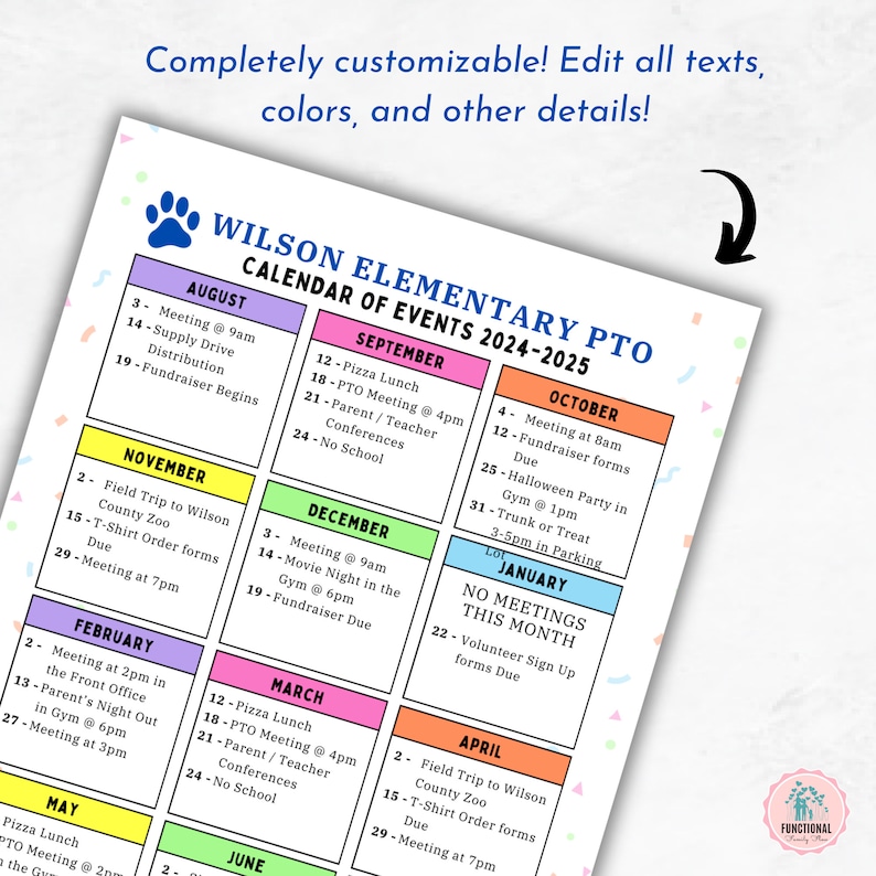 PTO Yearly Calendar Template | Editable PTA Calendar of Events ...