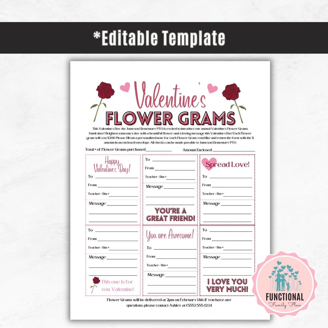 Valentines Flower Gram Flyer Template | Editable PTO Valentine's Day ...